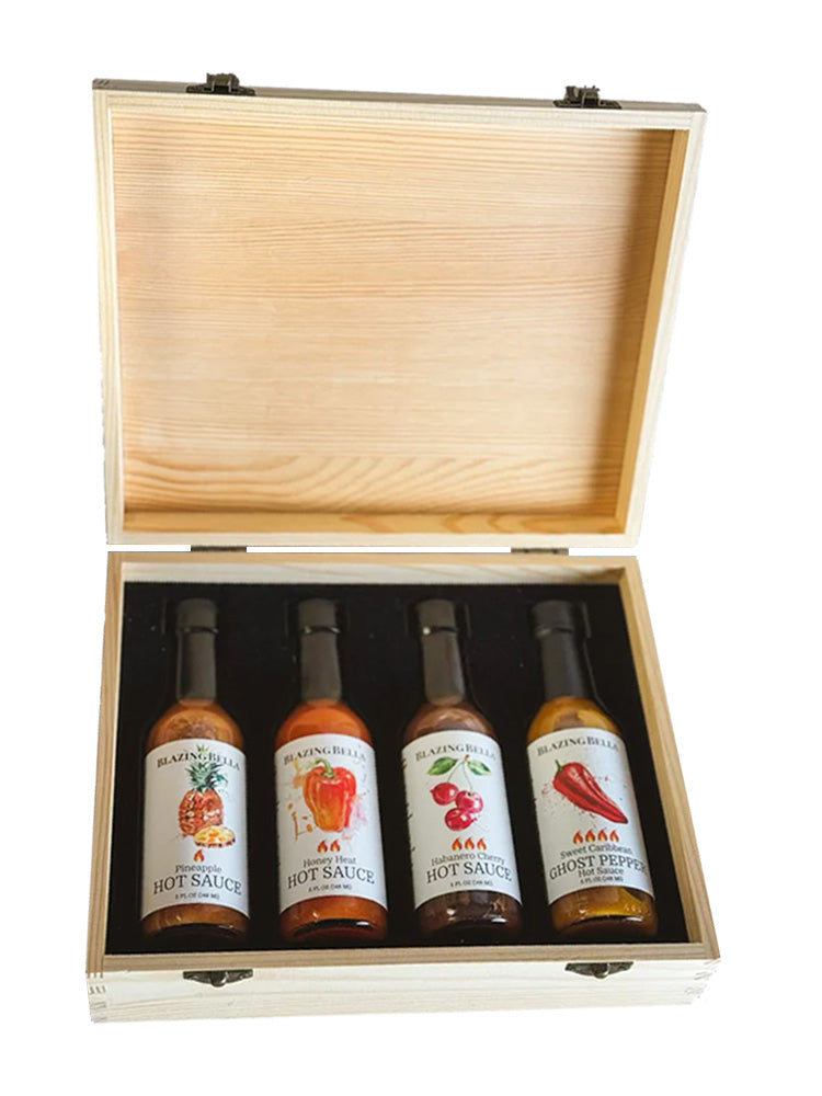 Hot Sauce 4 Bottle Sampler - Wood Box Hot Sauce Gift Box – Blazing ...